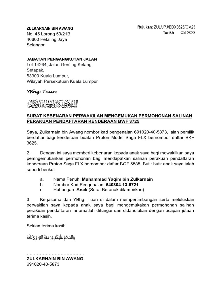 Surat Kebenaran JPJ Utk Keta Okt 23 | PDF