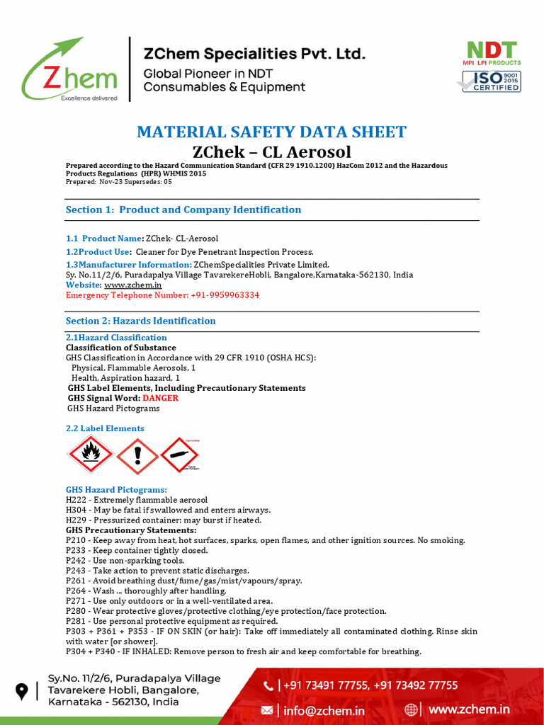 ZChek CL Aerosol MSDS 23 | PDF | Dangerous Goods | Water