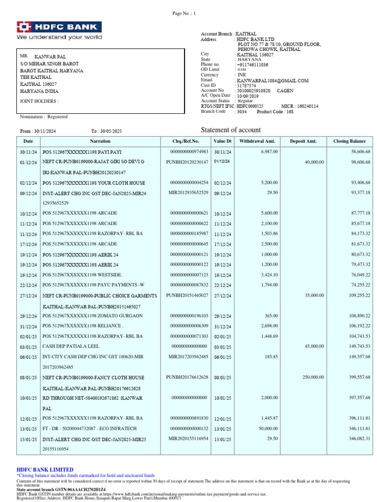 HDFC Bank Statement 2024-2025 Kanwar Pal - 1 | PDF | Personal Finance ...