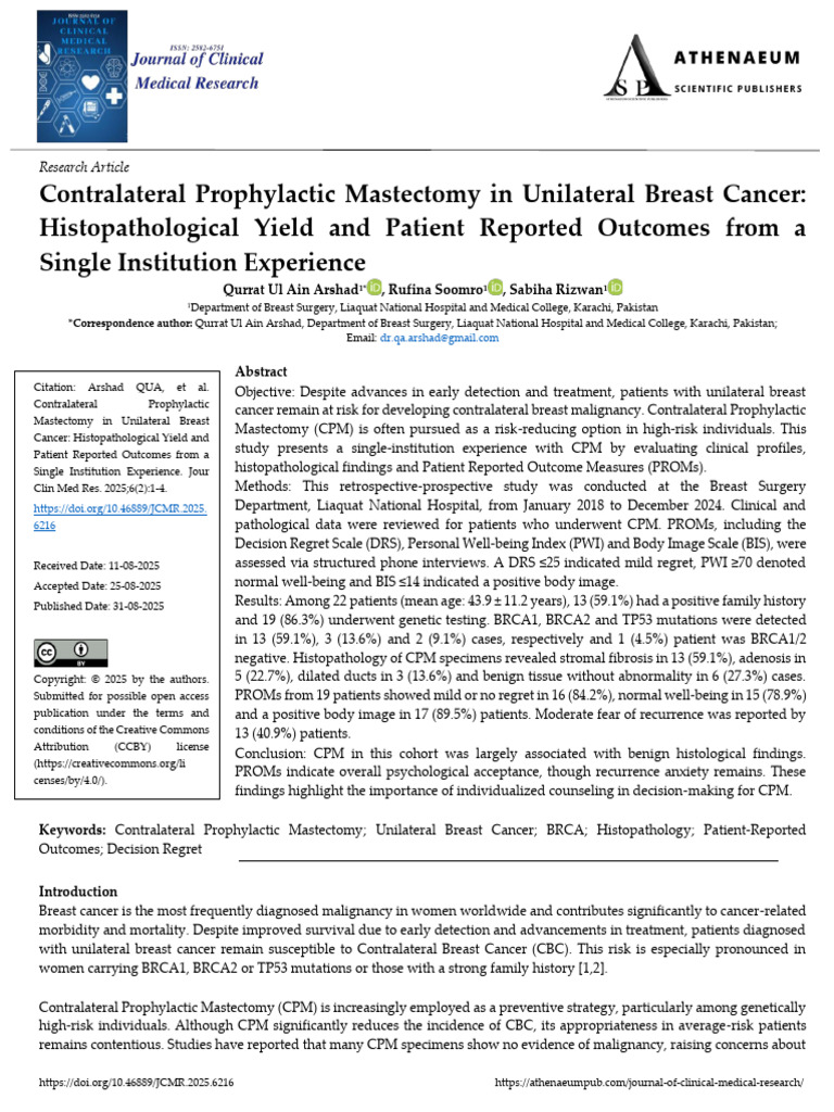 Contralateral Prophylactic Mastectomy in Unilateral Breast Cancer ...