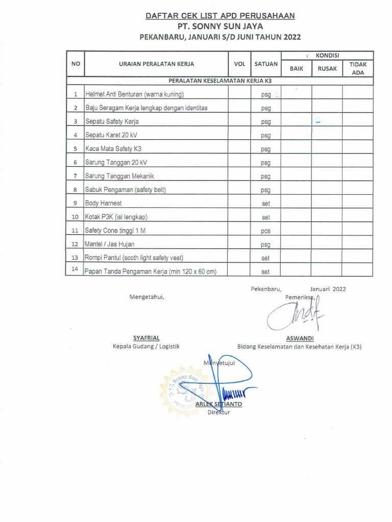 Daftar Cek Lis Apd Dan Peralatan | PDF