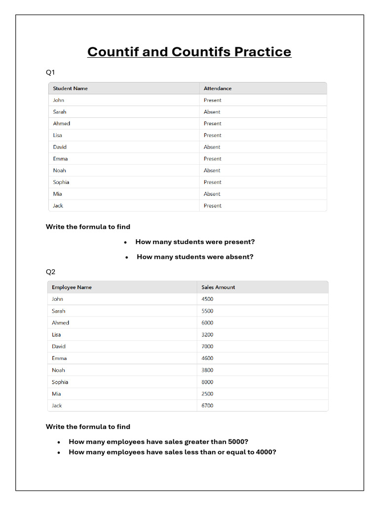 Countif and Countifs Formula Guide | PDF