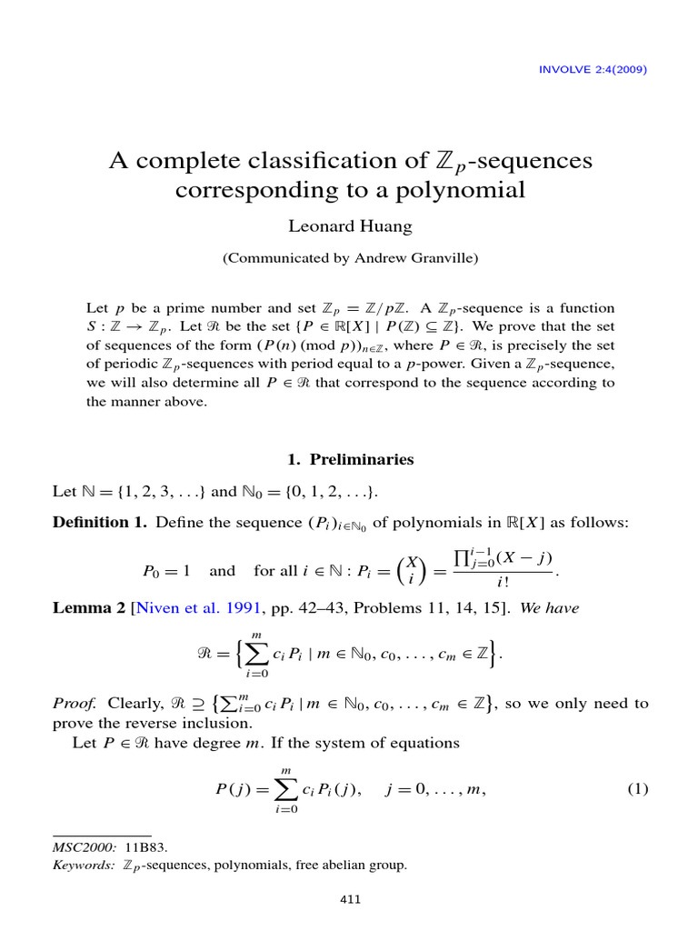 A Complete Classification of - Sequences Corresponding To A Polynomial ...