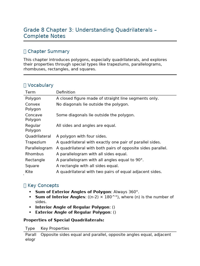Grade 8 Quadrilaterals Summary Notes | PDF | Rectangle | Euclidean Geometry