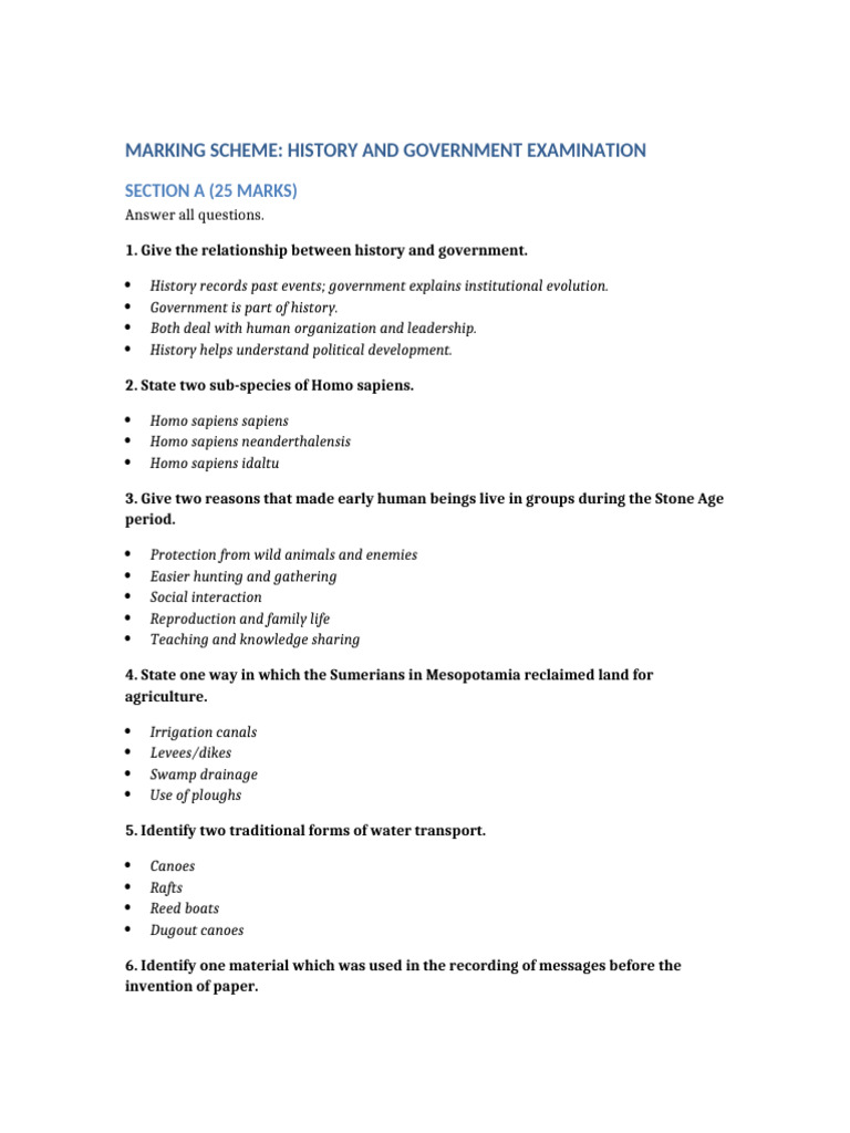 History and Government Exam Marking Scheme | PDF