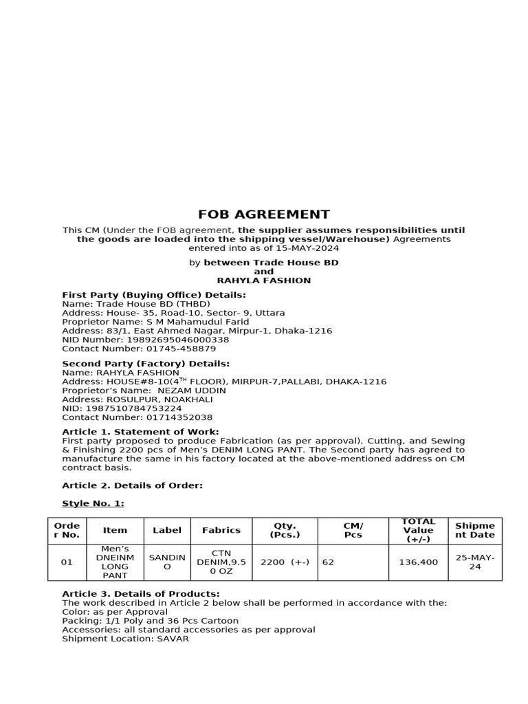 Fob Agreement - Rayhla Fashion | PDF