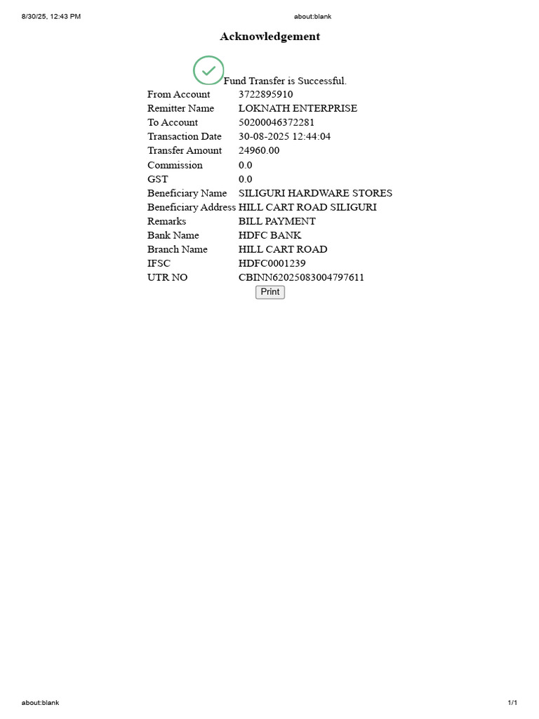 Successful Fund Transfer Acknowledgement | PDF