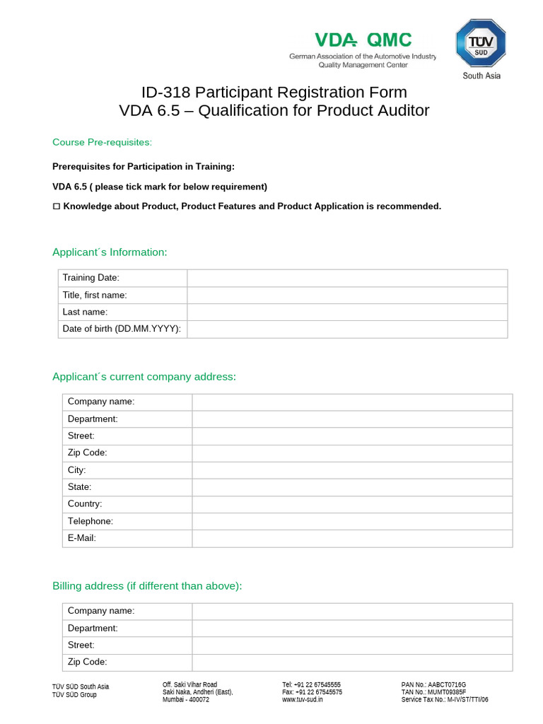 ID 318 - Participant Registration Form - VDA 6.5 Trainings | PDF