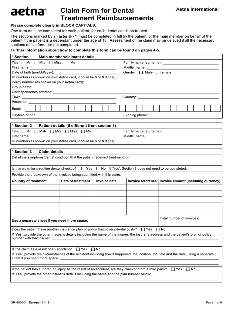 Aetna Claim Form Dental | PDF | Health Insurance Portability And ...