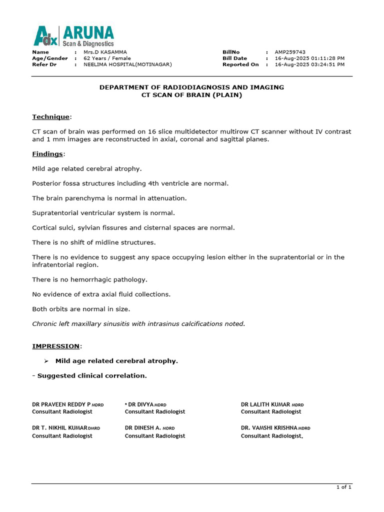 D Kasamma CT Brain Report | PDF
