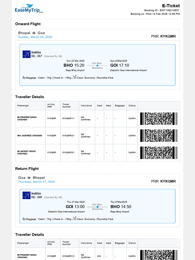 EaseMyTrip Flight E-Ticket For Flights | PDF | Travel Visa | Insurance