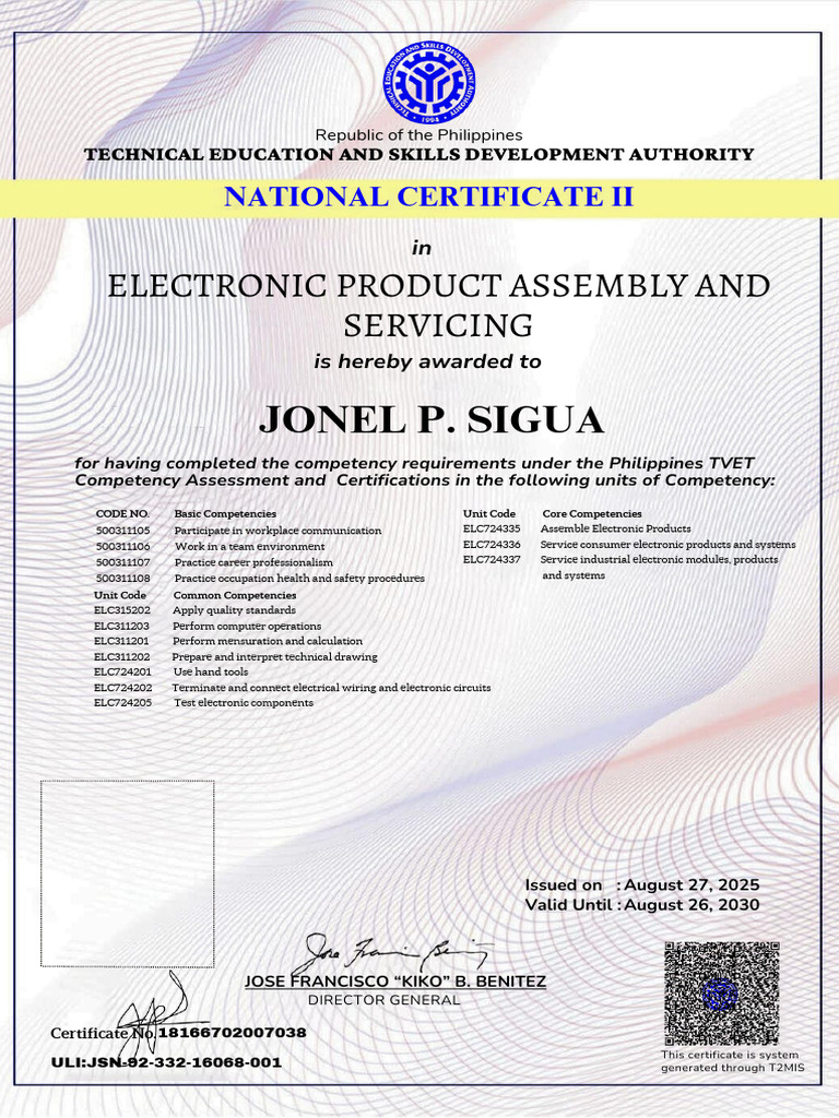 Electronic Products Assembly NC II Certificate | PDF