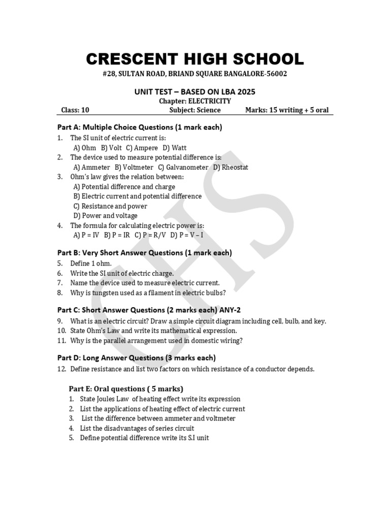 Class 10 Electricity Unit Test Guide | PDF | Voltage | Electric Current