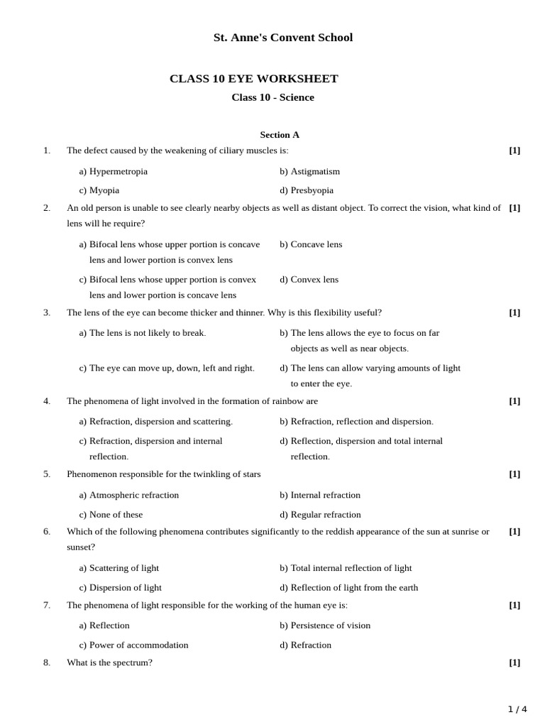Eye Defects and Correction Worksheet | PDF | Light | Eye