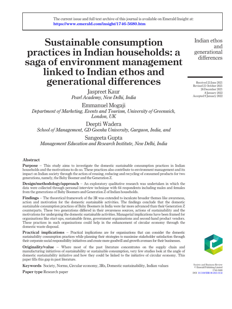 Published Indian Ethos SBR Sustainable Consumption Practices in Indian ...