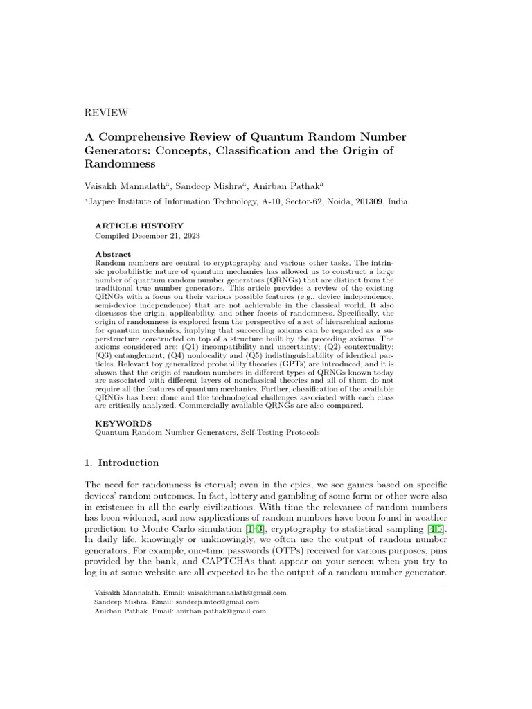 A Comprehensive Review of Quantum Random Number Generators: Concepts ...