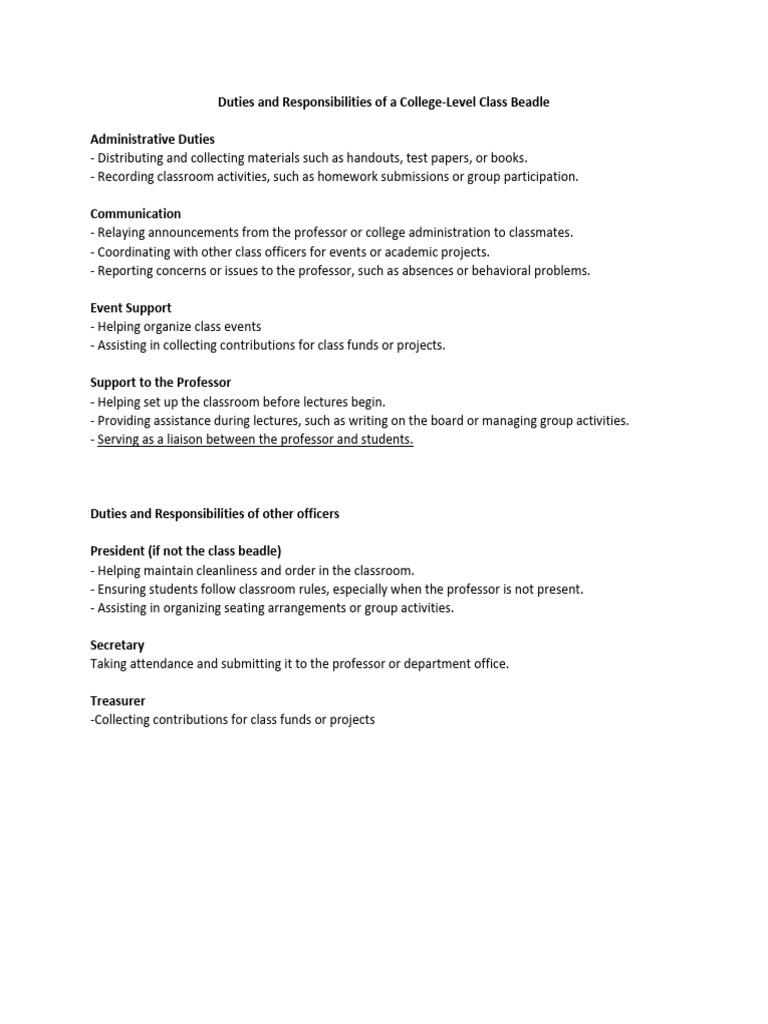 College Class Beadle Responsibilities | PDF