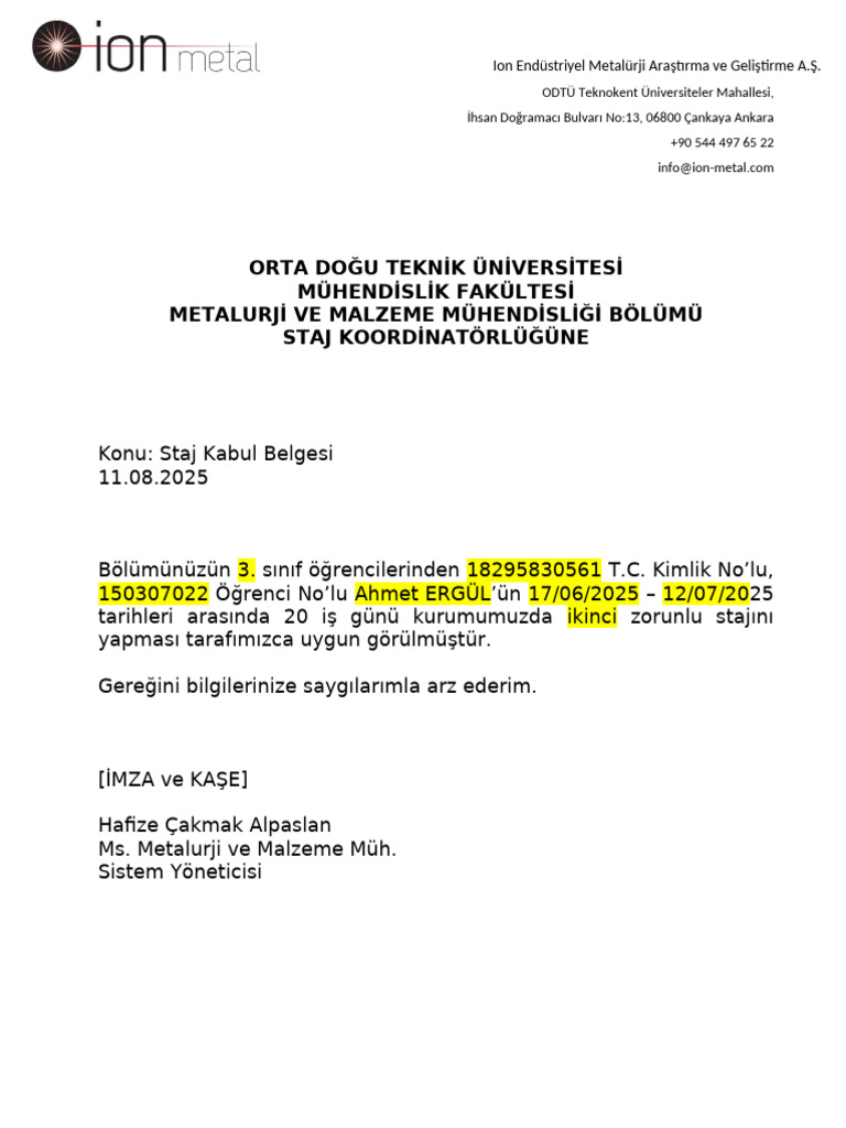 Staj Kabul Yazisi - Ion | PDF