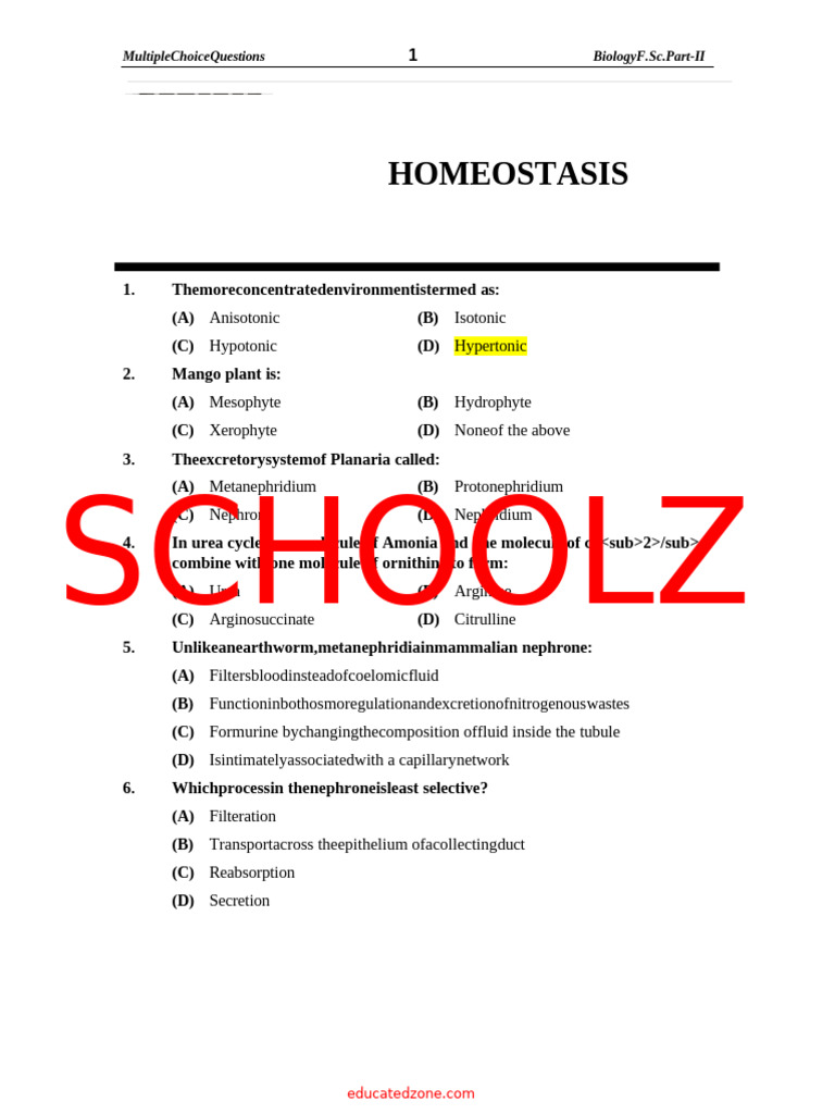 Biology F.Sc. Part-II MCQs on Homeostasis | PDF | Muscle Contraction