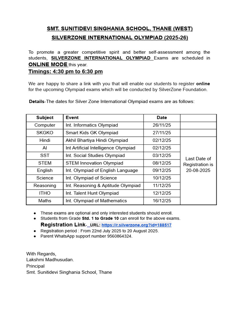 SilverZone Olympiad Registration 2025-26 | PDF