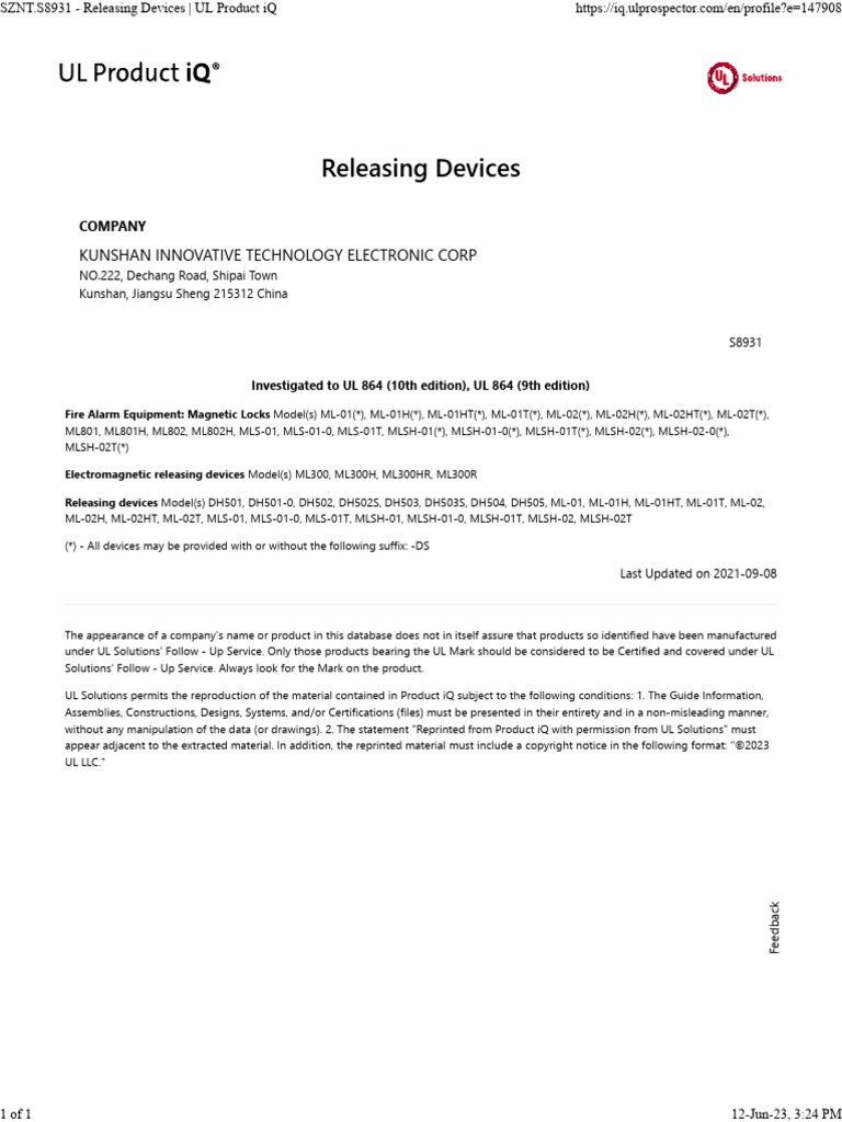 UL Certified Releasing Devices Overview | PDF