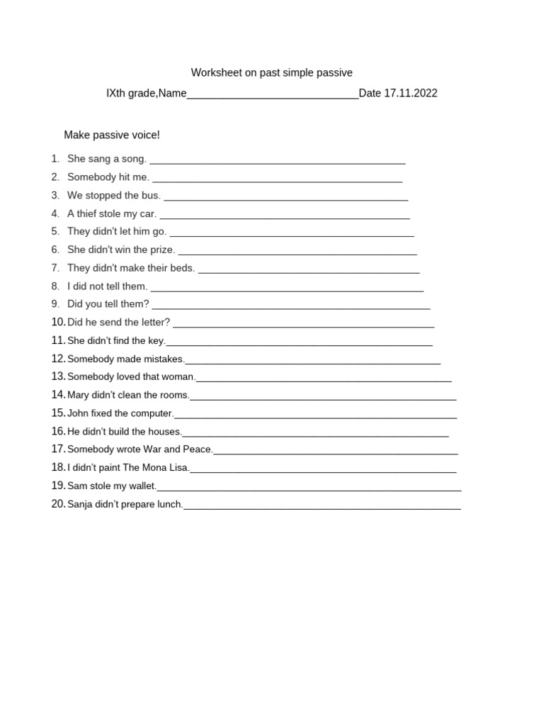 Worksheet On Past Simple Passive | PDF