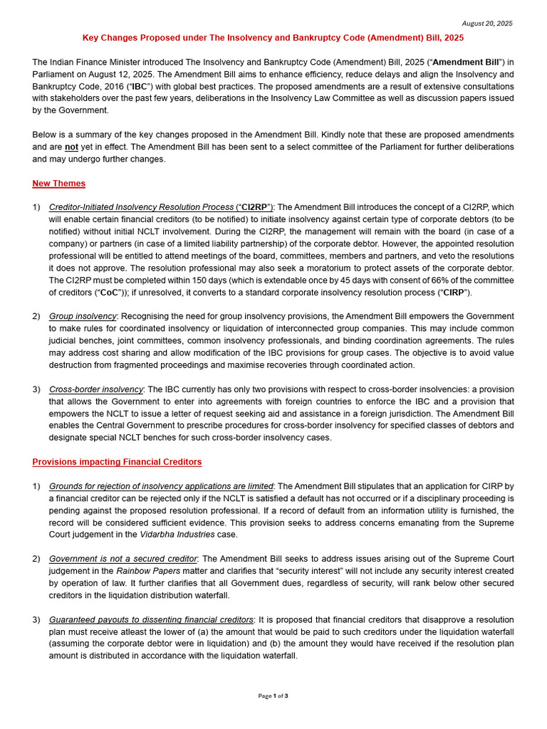 IBC Amendment Bill 2025 Key Changes | PDF | Bankruptcy | Liquidation