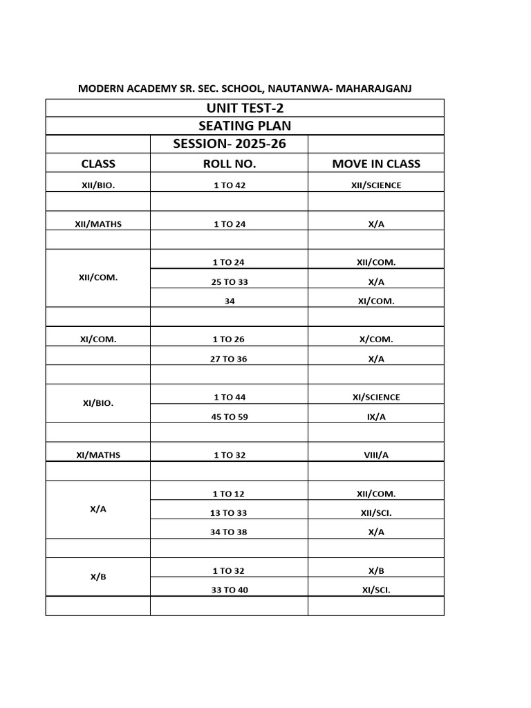 2025-26 Unit Test Seating Plan | PDF