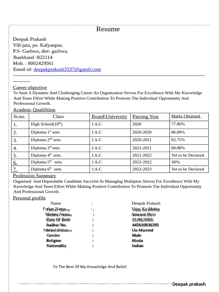 Deepak Prakash's Resume Overview | PDF | Chess Theory | Chess