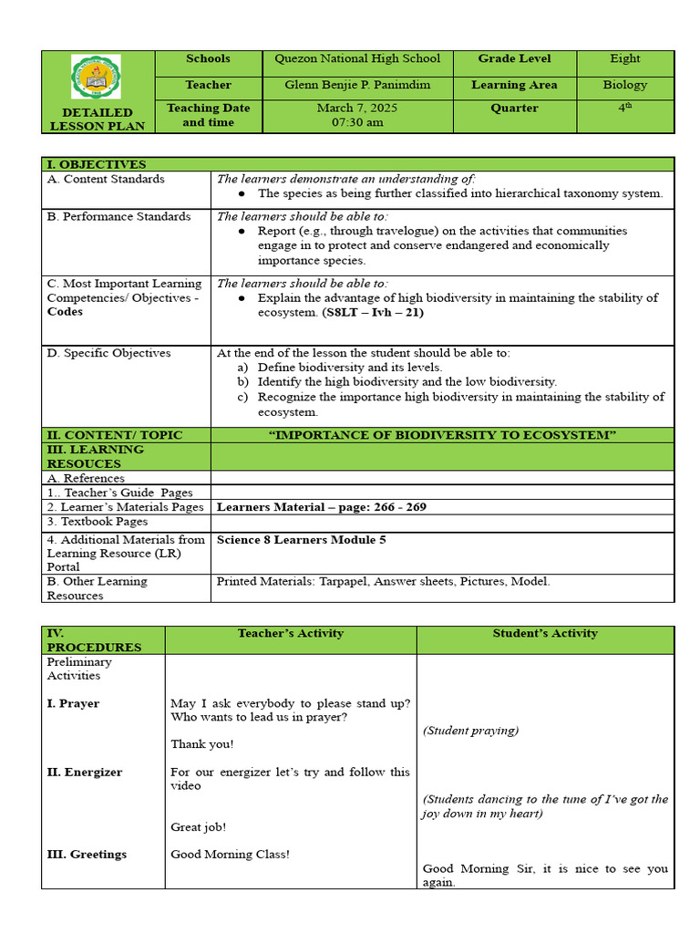 Importance of Biodiversity Lesson Plan | PDF | Biodiversity | Ecosystem