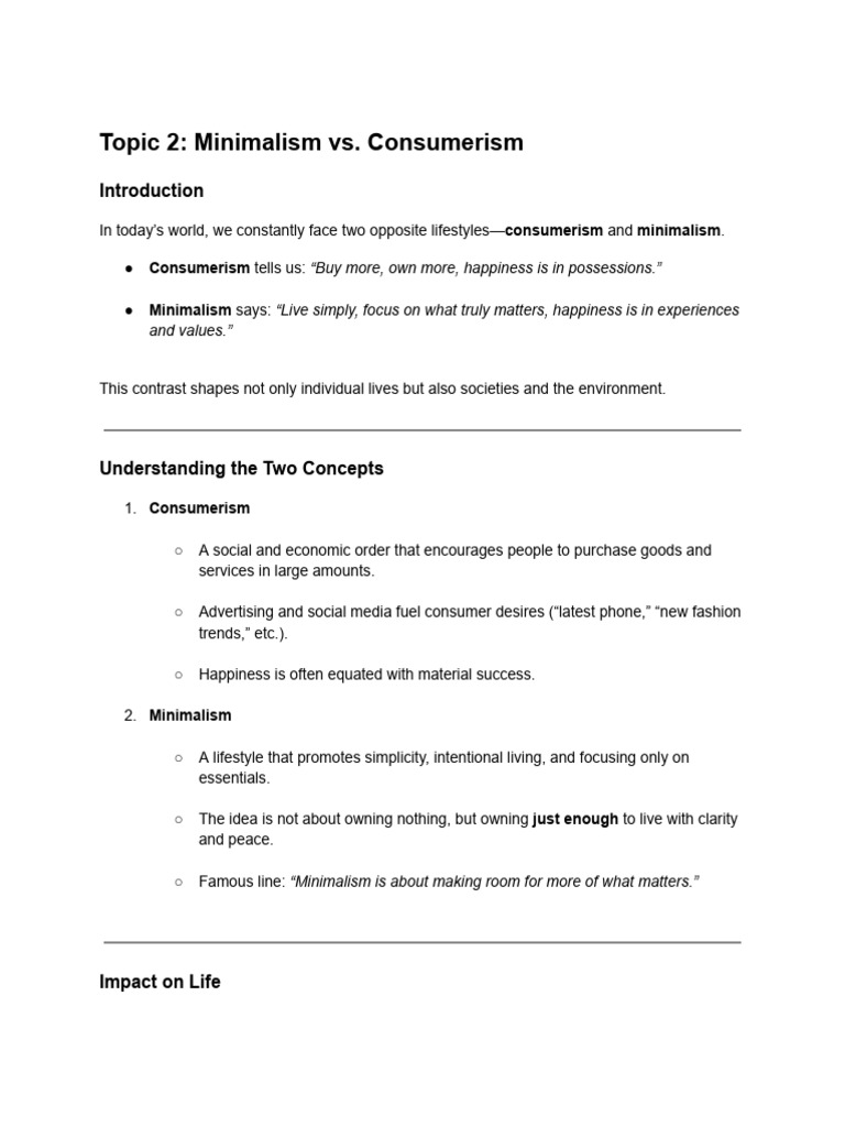Topic 2 - Minimalism Vs Consumerism | PDF | Consumerism | Minimalism