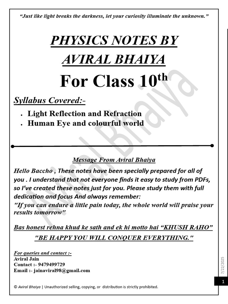 Class 10 Physics: Light Reflection Notes | PDF | Eye | Sunset