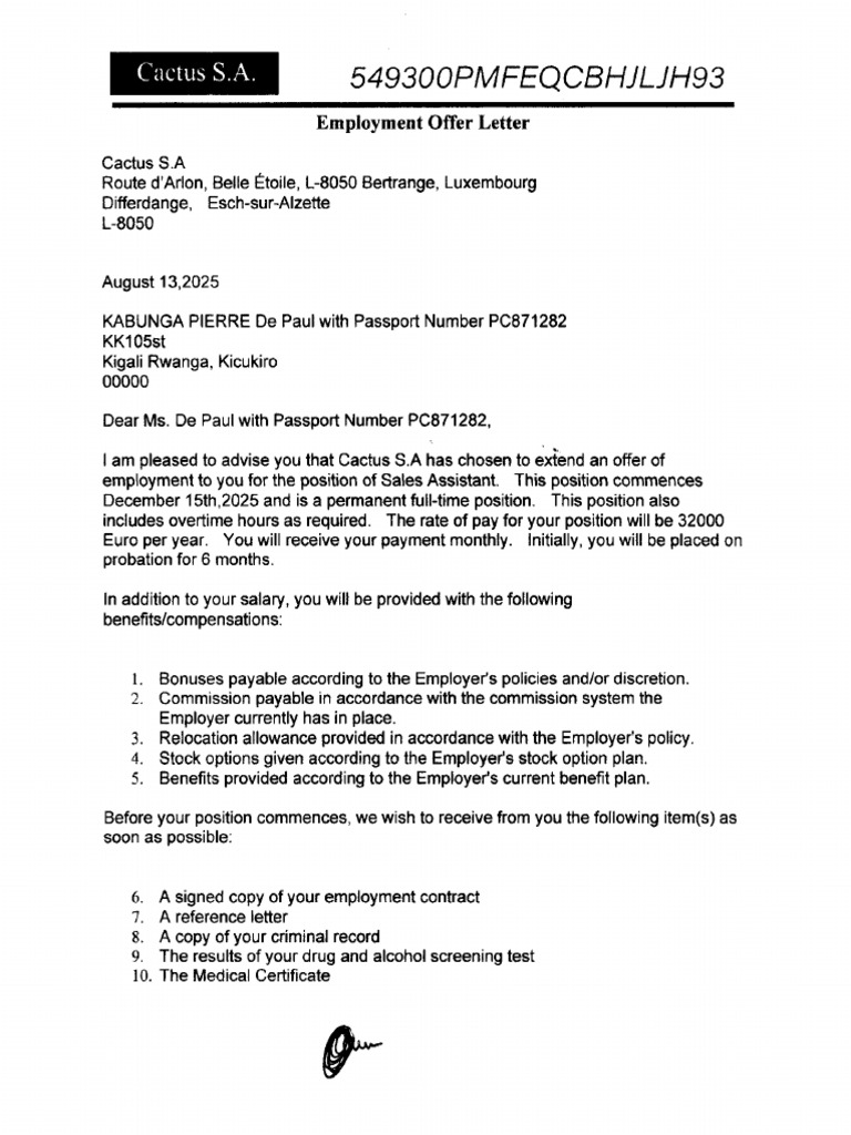 Kabunga Pierre de Paul Offer Letter 20250830 - 11183847 | PDF