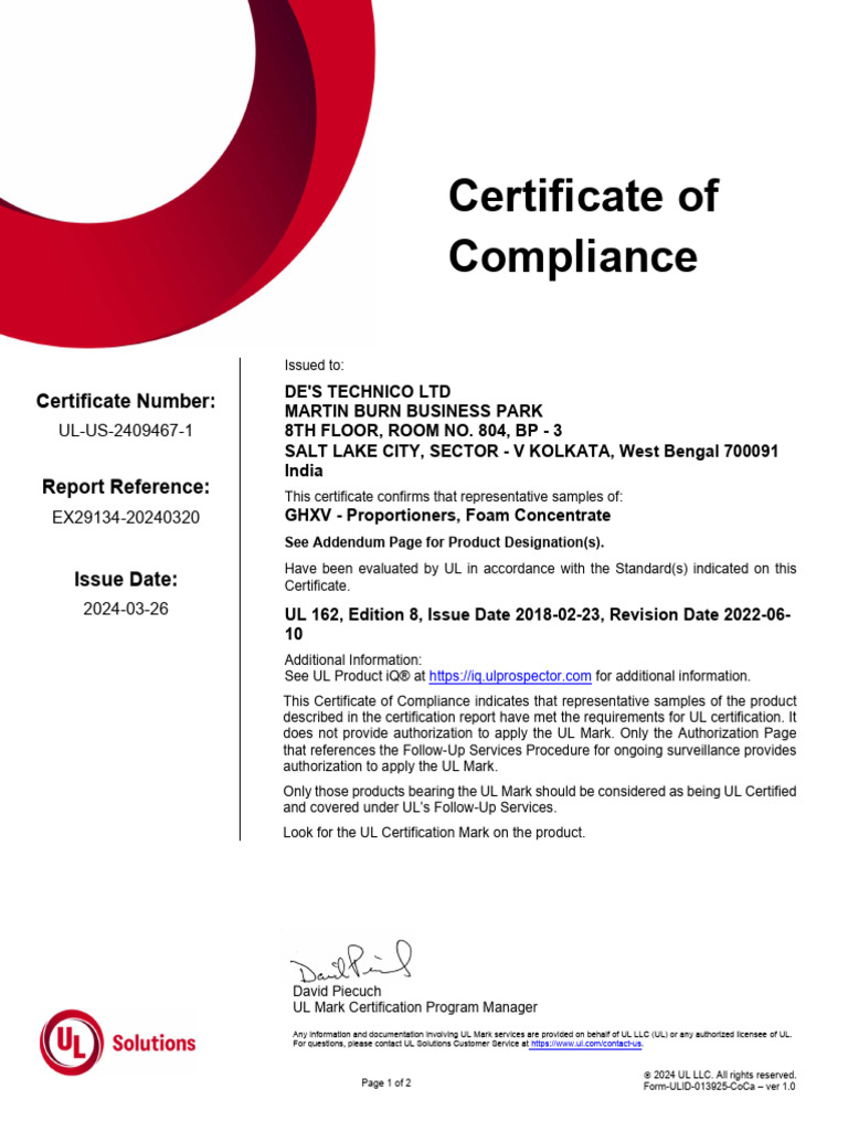 Certificate of Compliance Ul Approved Bladder Tank | PDF