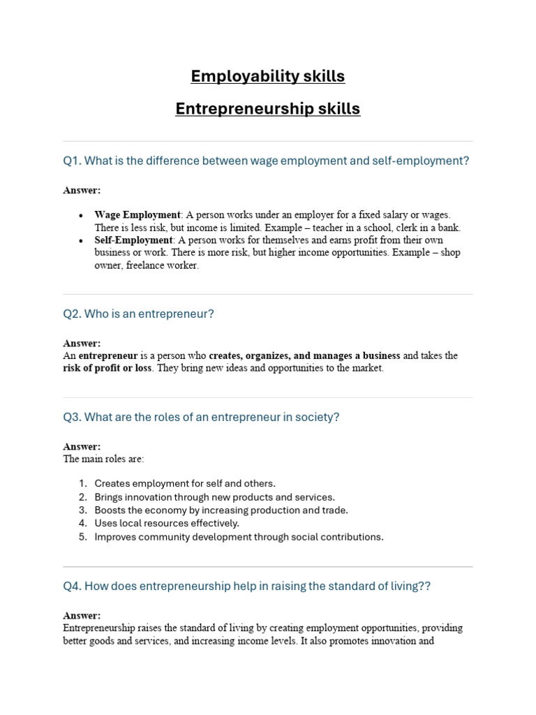 Essential Entrepreneurship Skills for Class 10 | PDF | Entrepreneurship ...