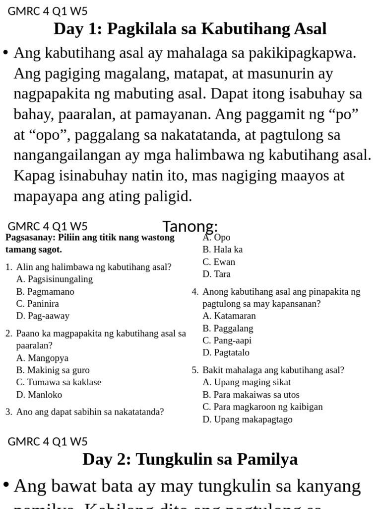 Grade 4 Q1 W5 GMRC Test | PDF