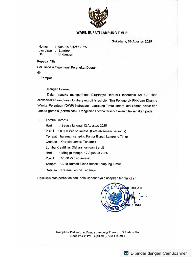 Surat Undangan Loba Hut Ri DWP TTD Wakil | PDF