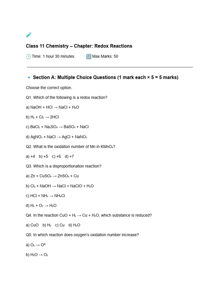 Grade 11 Redox 50 Marks Practice Paper 1 | PDF | Redox | Chemical Reactions