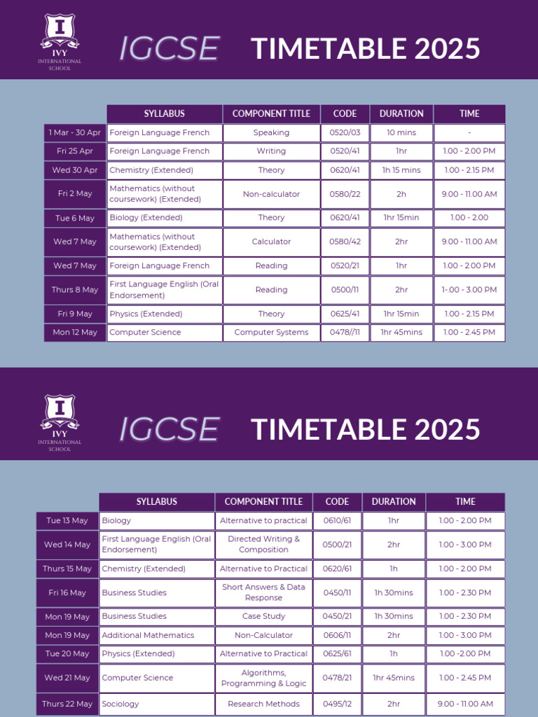 Y11 IGCSE Timetable 2025 | PDF | Science | Applied Mathematics