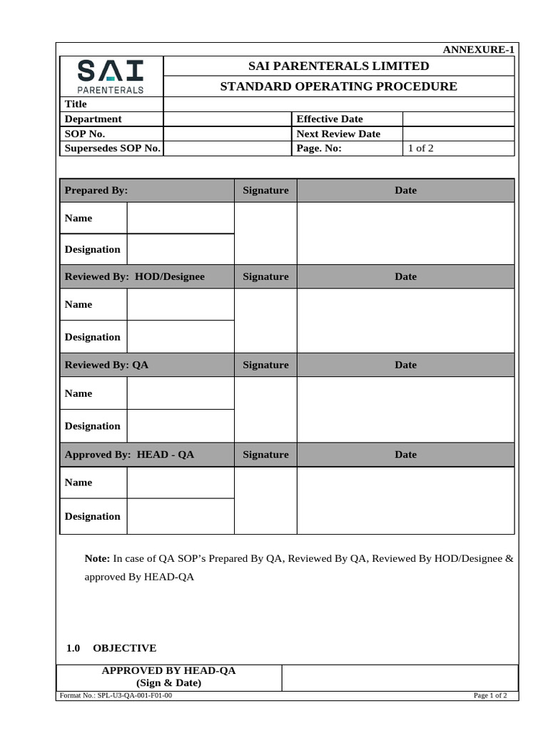 Annexure-1 Specimen Template of Standard Operating Procedure | PDF