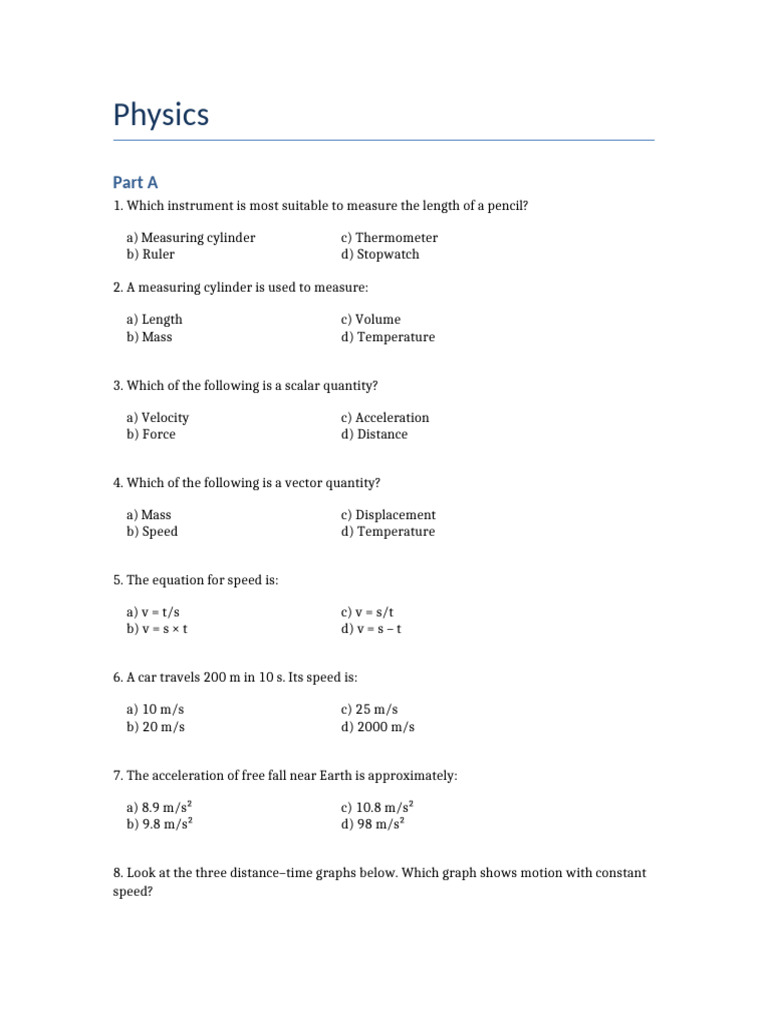 Physics Measurement and Motion Quiz | PDF | Force | Acceleration