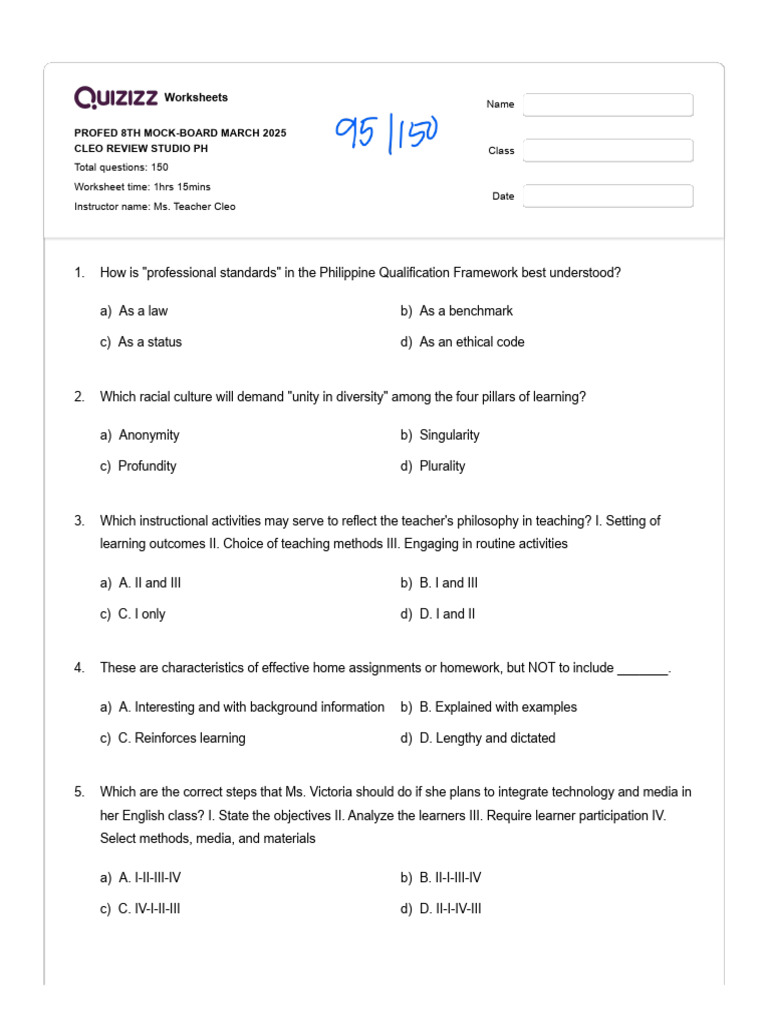 Profed 8th Mock-board March 2025 Cleo Review Studio Ph | PDF | Learning ...