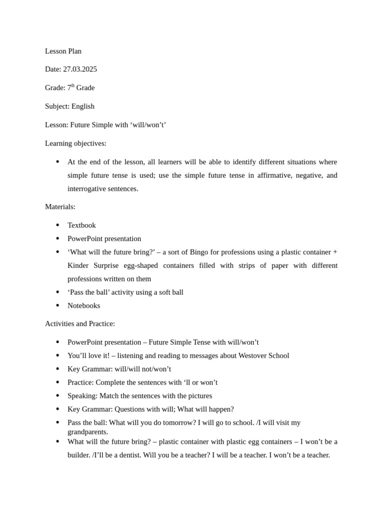 Future Simple Lesson Plan for ESL | PDF