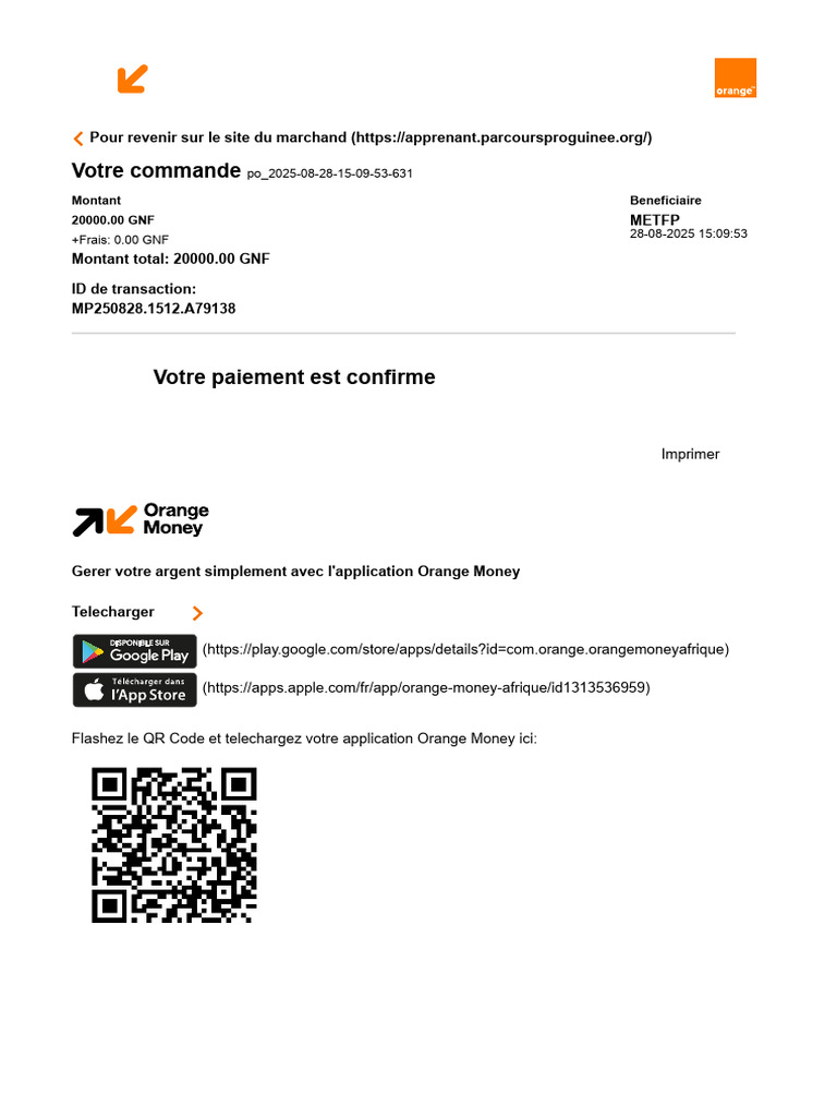 Paiement confirmé via Orange Money | PDF