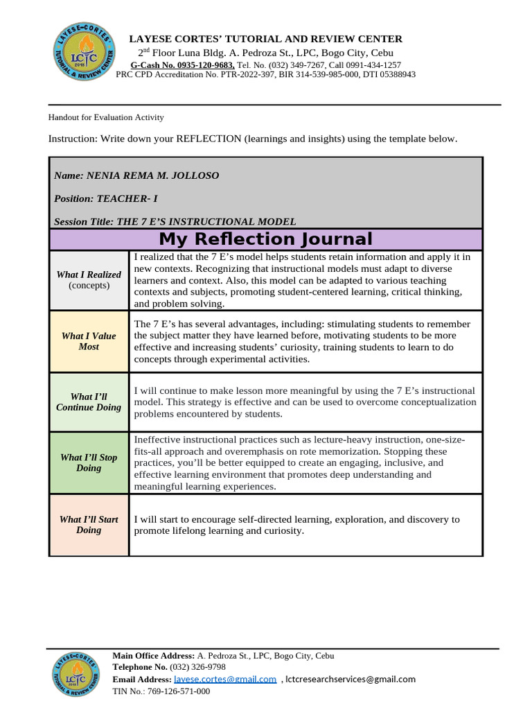 7 E's Instructional Model Reflection | PDF | Learning | Behavioural ...