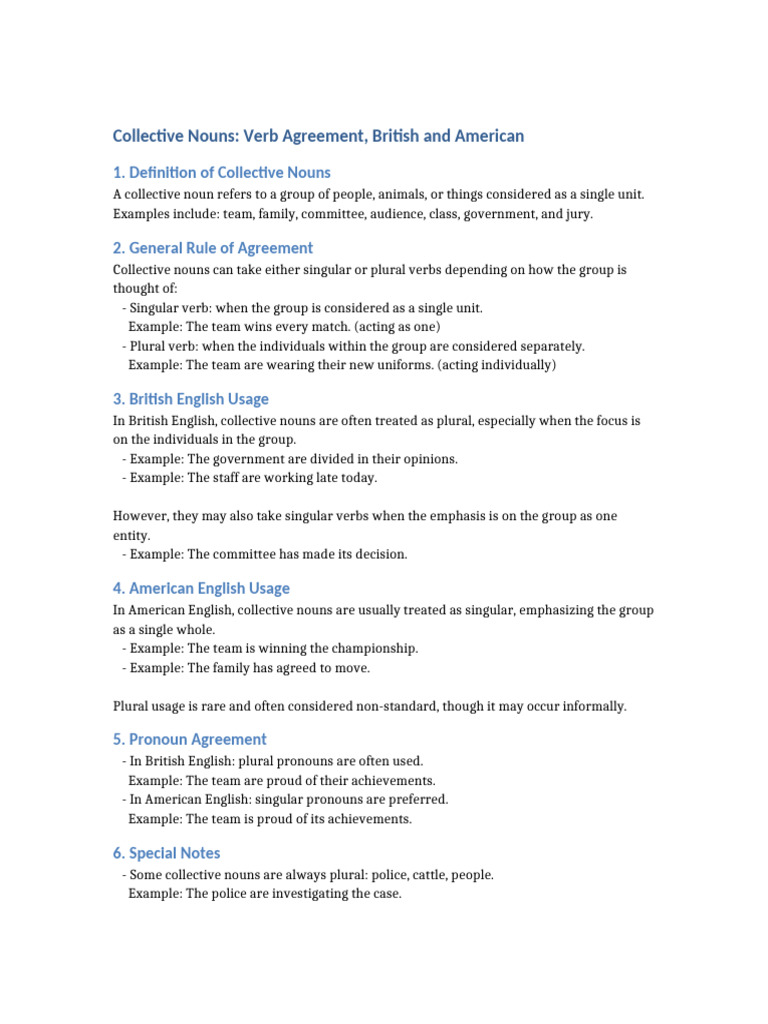Collective Nouns Verb Agreement | PDF | Grammatical Number | English ...