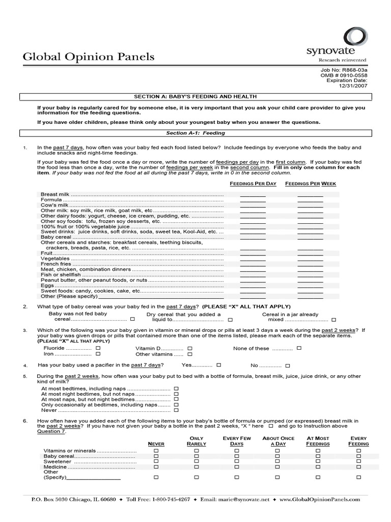Baby Feeding and Health Questionnaire | PDF | Breastfeeding | Infant ...