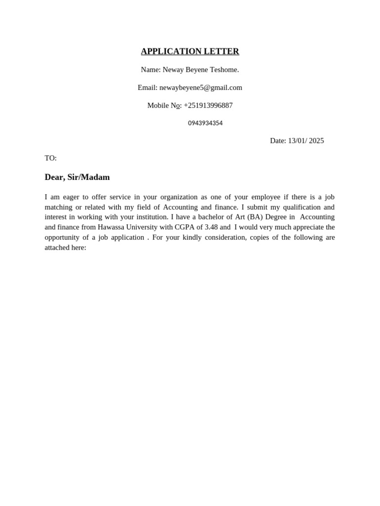 Neway Beyene Application Letter 2024 | PDF | Business
