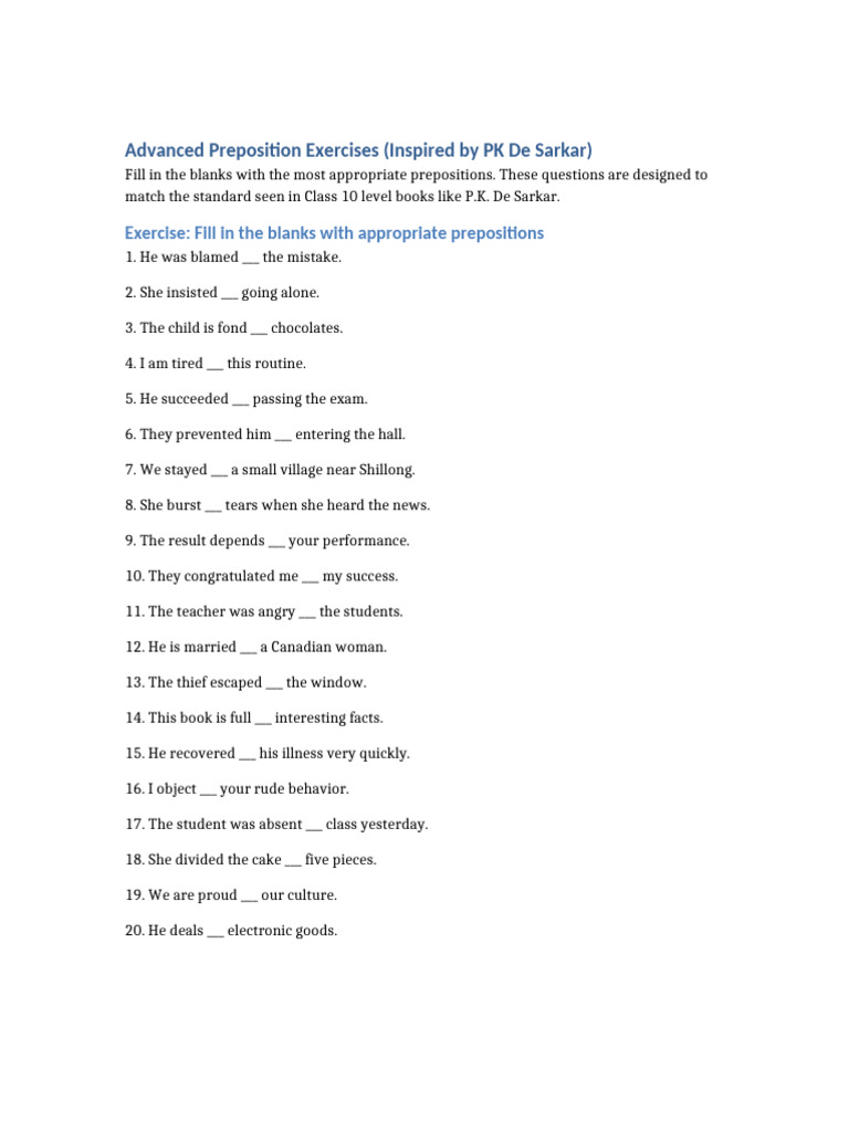 Advanced Preposition Exercise | PDF