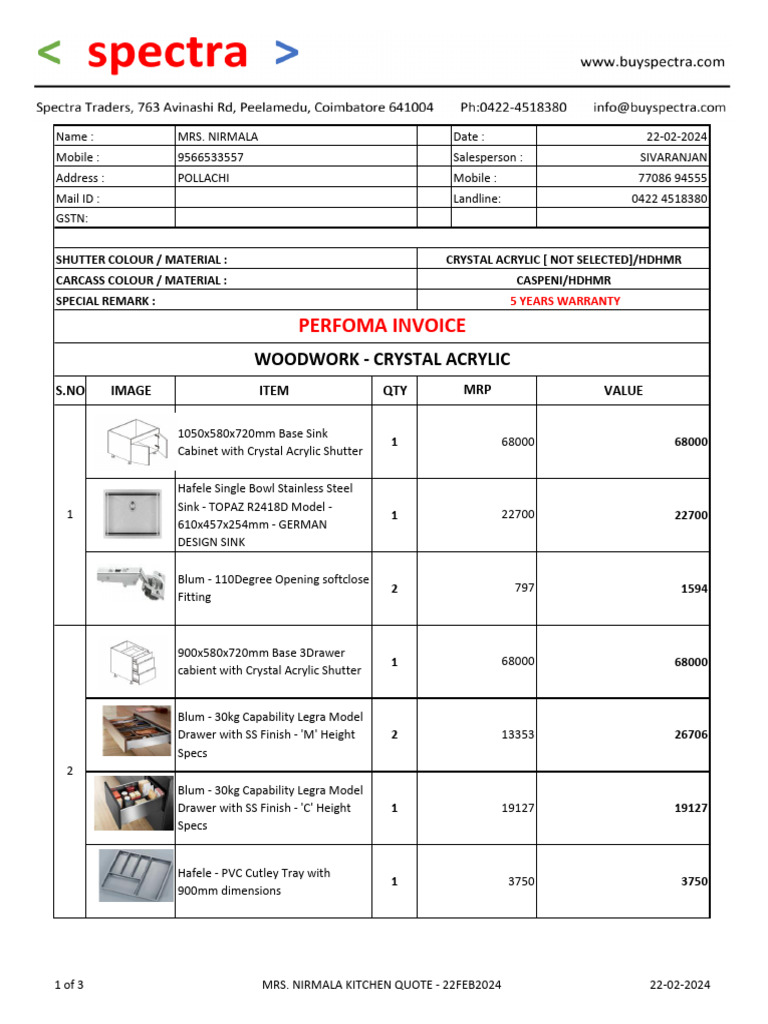 Mrs. Nirmala Kitchen Quote - 22feb2024 | PDF | Payments | Sink